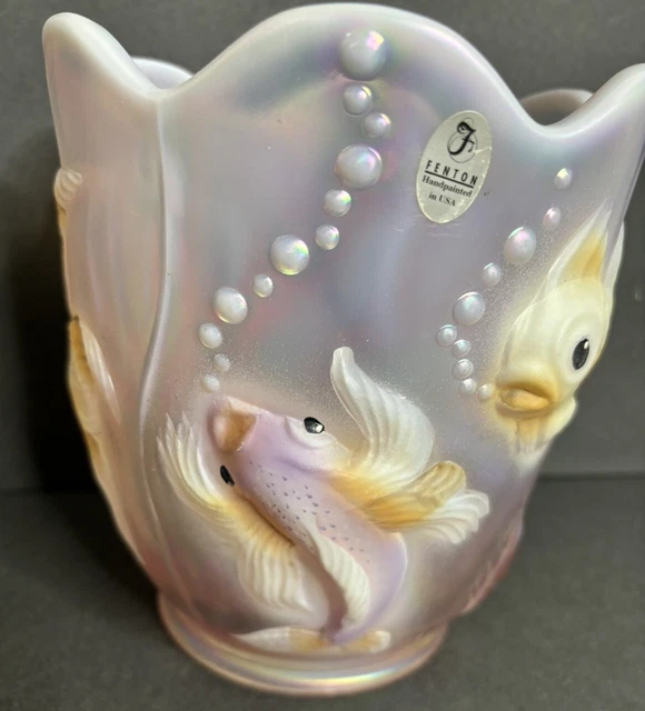 FENTON GLASS ATLANTIS Koi Fish Vase Pink Iridescent Hand Painted Vase ...
