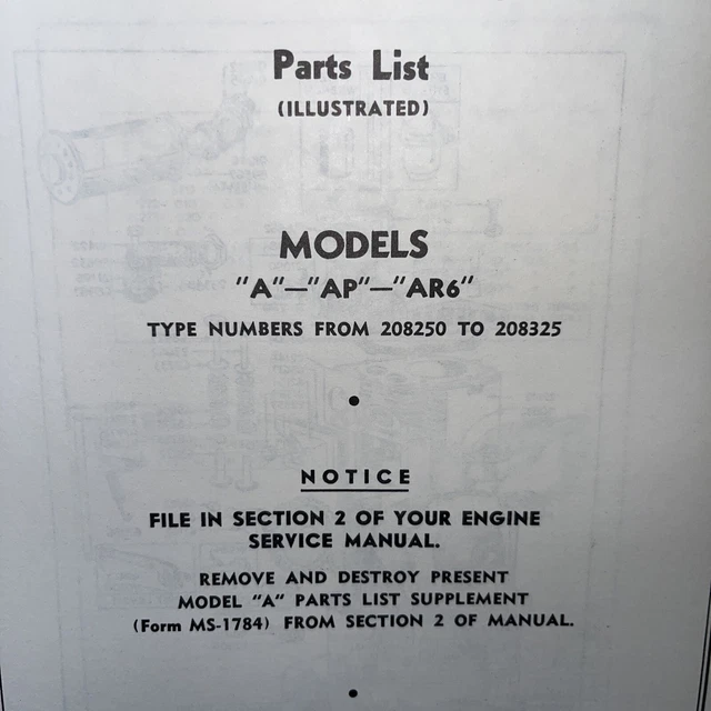 VINTAGE BRIGGS STRATTON Illustrated Parts List Models A - Ar6 208250 ...