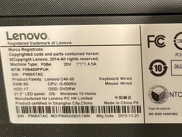 LENOVO C40-30 ALL in One PC Computer 8gb RAM 1T HDD CPU i3-5005U ...