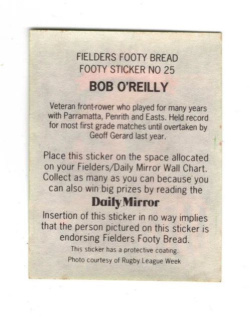 AUSTRALIAN RUGBY LEAGUE Fielders Footy Bread Footy Sticker #25 Bob O ...