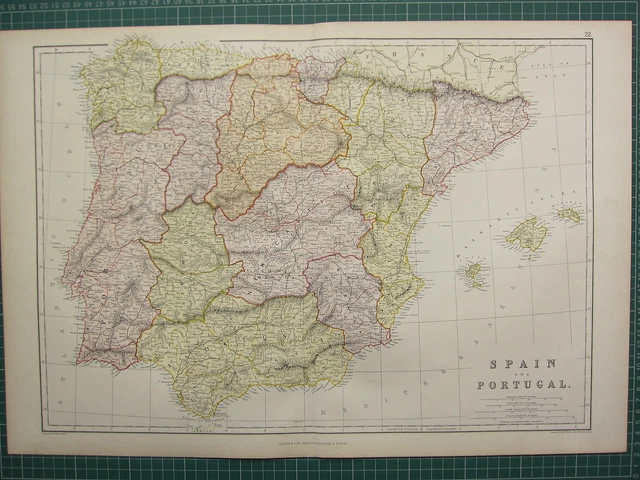1882 GRANDE MAPPA Antica Spagna & Portogallo Murcia New Castile ...