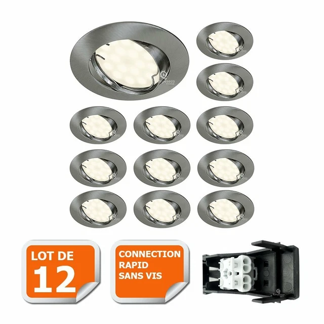 Lot De 12 Spot Led Encastrable Orientable Alu Brossé Avec Ampoule Gu10