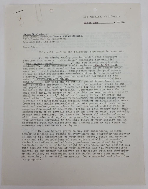 THE NORTH STAR / Jerry Mickelsen, child actor 1943 signed contract by ...