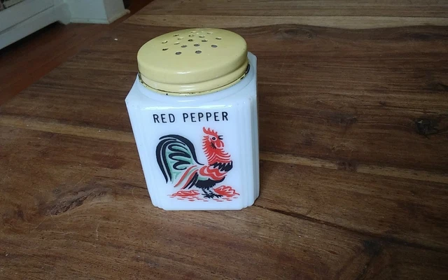VTG 1950S MCKEE Tipp Rooster Yellow lid milk glass spice jar 2.75" Red ...