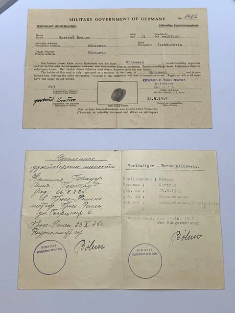 WW2 GERMAN DOCUMENT Identity Card Temporary Registration 1945 Obhausen ...