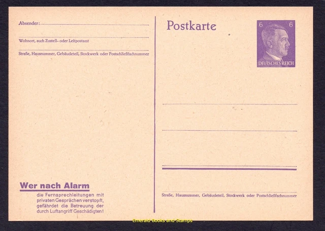 EBS GERMANY 1944 Postal Card - Hitler Head + slogan "Wer nach Alarm ...