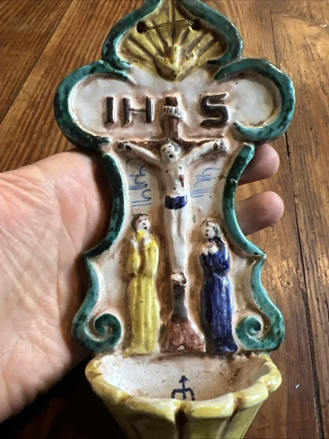 BÉNITIERS CROIX ET Christ Art Sacré Antique Stoup Faience Peinte EUR 50 ...