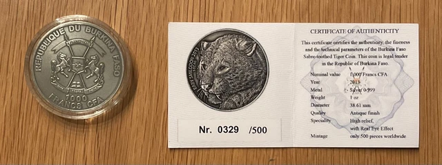 SMILODON SABER TOOTHED Tiger, Baby, 1 Oz Silver Burkina Faso, 1000 ...