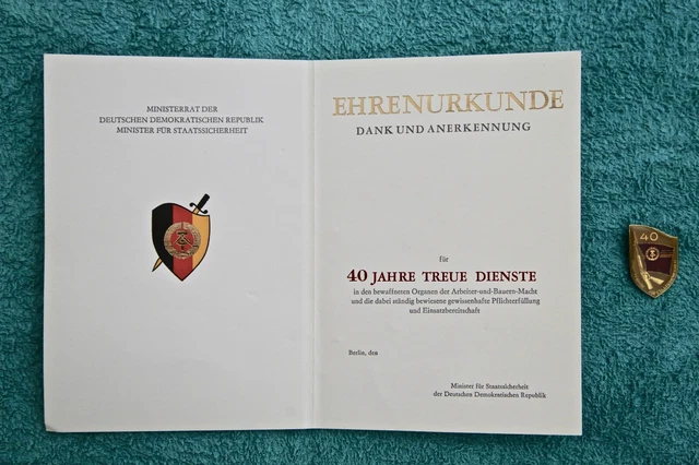 DDR MFS/ STASI Ehrenurkunde für 40 Jahre treue Dienste (Blanko ...