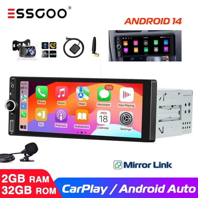 SINGLE DIN CARPLAY Radio Stereo Android 14 2+32G GPS IPS Screen USB C w ...
