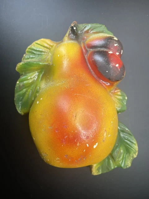 VTG CHALKWARE STRING Holder Wall Hanging Pear & Plum Fruit w Foliage ...