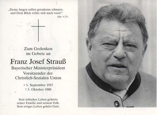 STERBEBILD DES FRANZ Josef Strauß Bayern Ministerpräsident Neuwertig ...