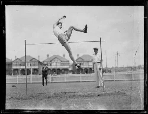 GERMAN ATHLETE GERHARDT Emton competing in the high jump, NSW, - 1930s ...
