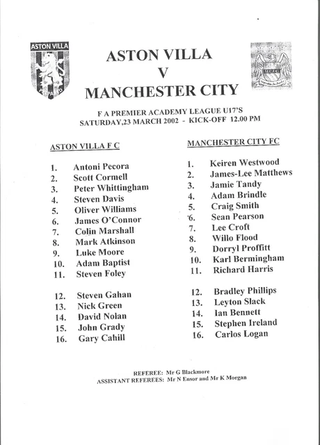 3 X ASTON Villa v Manchester City Under 17's Academy league team sheets ...