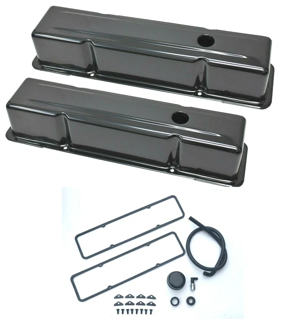 SBC BLACK STEEL STOCK Valve Covers Kit Gaskets PCV HOSE 327 350 383 ...