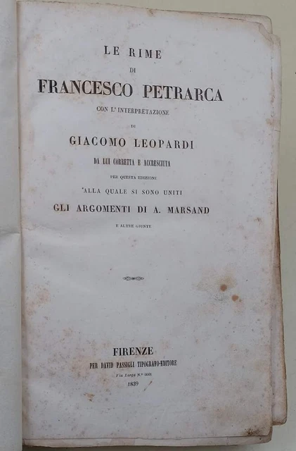 LE RIME DI Francesco Petrarca Con L'interpretazione Di Giacomo Leopardi Da Lui EUR 30,00 ...