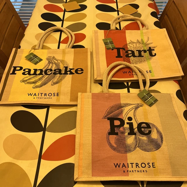 WAITROSE 🍓 TART 🍌 PANCAKE & 🍒 PIE Jute Tote Shopping Bags BNWT £83.90 ...