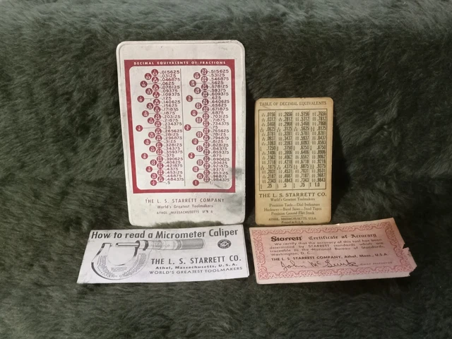 LOT OF 4 Vtg Starrett Decimal Equivalents Fractions and Threads Tap ...