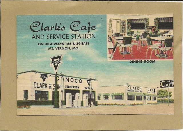 ADVERTISING LINEN CLARK'S CAFE GAS STATION CONOCO Diner Mt Vernon MO ...