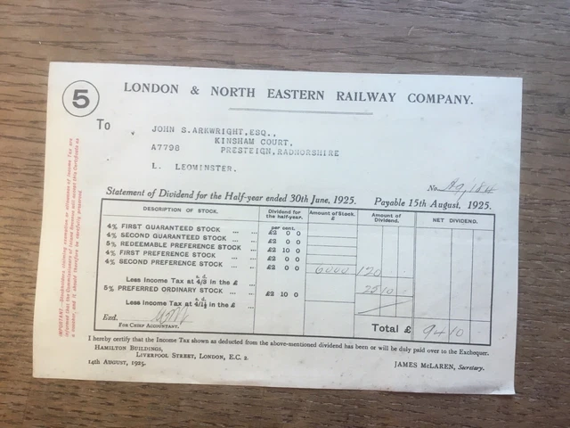LNER RAILWAY 1925 Stock Dividend Statement Arkwright Presteigne £1.00 ...