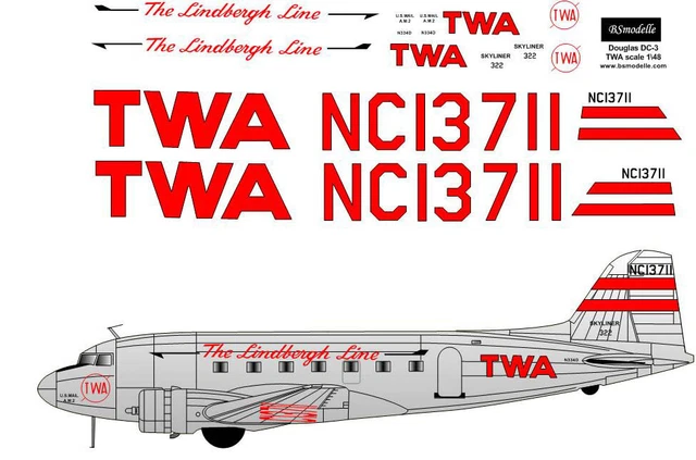 BSMODELLE DOUGLAS DC3 TWA Lindberg Line decal 1\48 £8.05 - PicClick UK