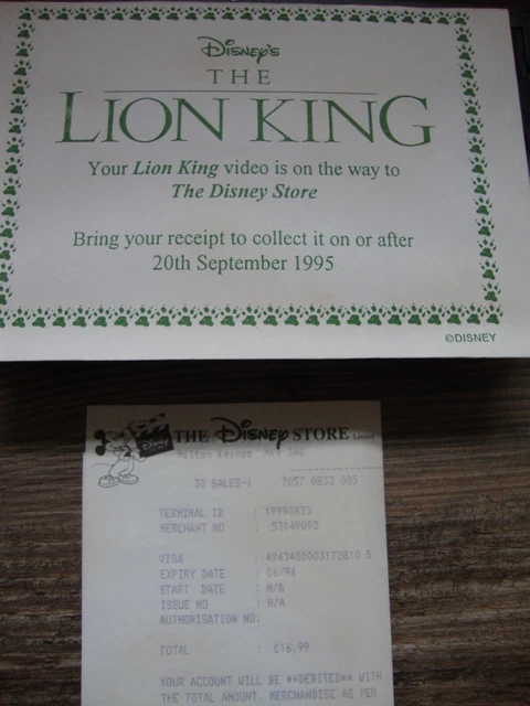 WALT DISNEY CLASSICS The Lion King VHS Video Tape 1995 + Receipt ...