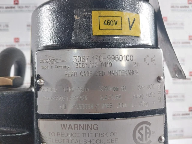 ITT FLYGT 3067.170-0149 Submersible Pump W/ Cable 1.4KW/1.9HP 460/230V ...