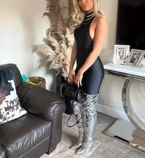 SXXY SHINY SILVER LATEX EFFECT THIGH HIGH BOOTS 6 uk CLUBBING * FXTISH ...