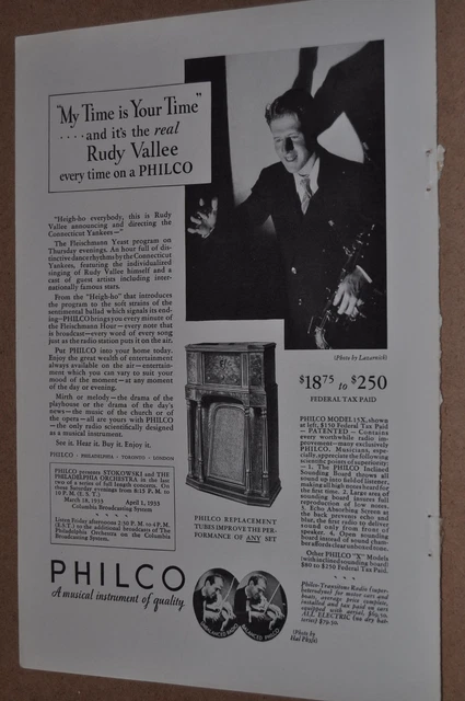 1933 PHILCO RADIO advertisement, Cabinet Radio model 15X, Rudy Vallee ...