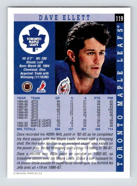 1993-94 SCORE CANADIAN #119 Dave Ellett Hockey Toronto Maple Leafs $0. ...