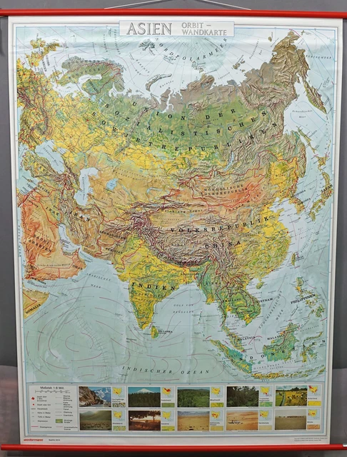 VINTAGE MAP OF Asia Rollable Mural Wall Chart with Colorful Pictures £ ...