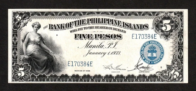 BANK OF PHILIPPINE Island 5 Pesos 1933 Series serial # E170384E high ...