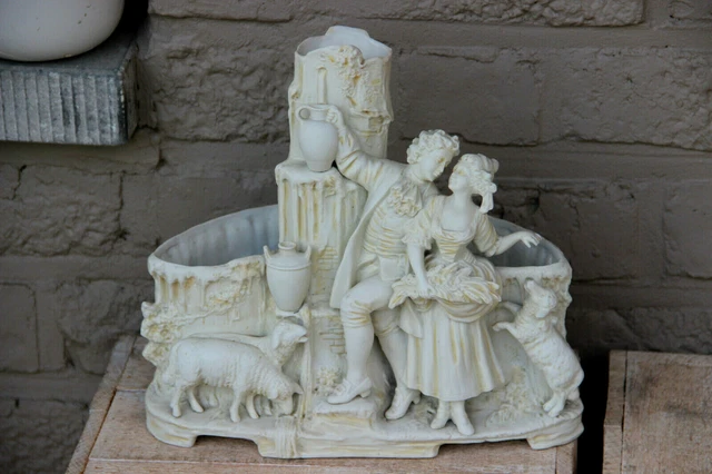 ANTIQUE FRENCH BISQUE porcelain planter jardiniere group figurine sheep ...