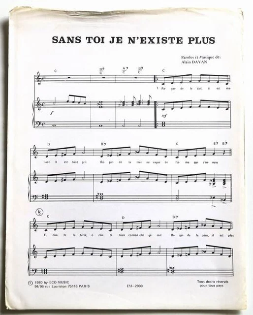 PARTITION VINTAGE SHEET music ALAIN DAYAN : Sans Toi Je N'existe Plus ...