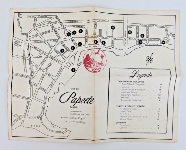 PORT DE PAPEETE Tahiti Tour Map Late 1950's to Early 1960's £4.81 ...