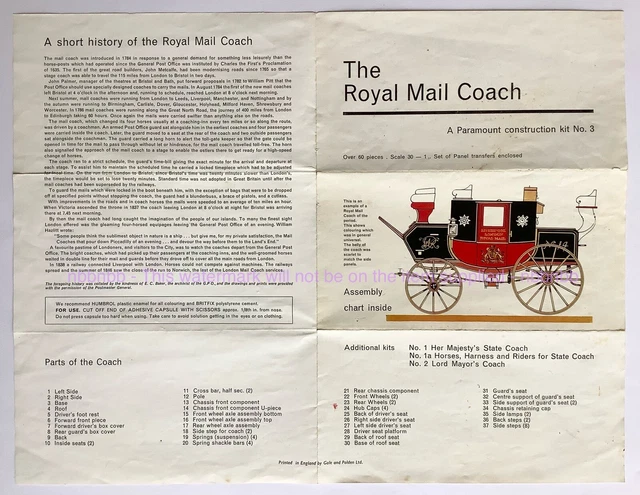 INSTRUCTIONS LEAFLET FOR Royal Mail Coach Model Kit. Paramount, 1950s ...