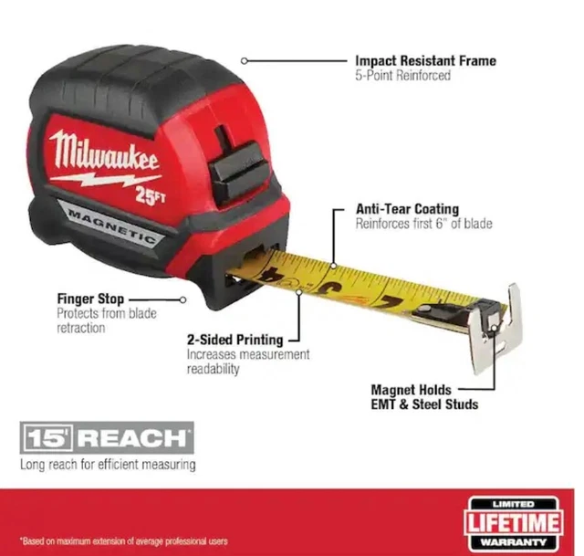 MILWAUKEE 25 FT. X 1-1/16 In. Compact Magnetic Tape Measure with 15 Ft ...