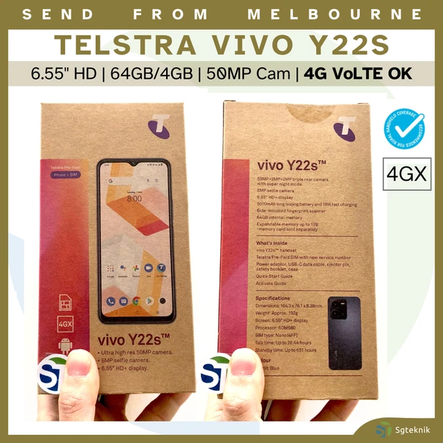 NEW TELSTRA VIVO Y22s 4GX VoLTE (6.55" HD 64GB/4GB 50MP Cam NFC ...