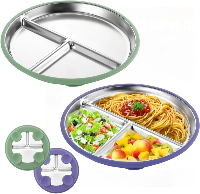 STAINLESS STEEL BABY Plates with Suction, 9" Divided Toddler Plates (2 ...