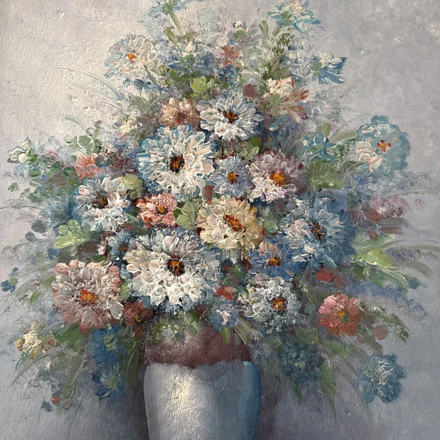 ROBIN SIGNED FLORAL Oil Painting Raised Textured Impasto Vase Fowers ...