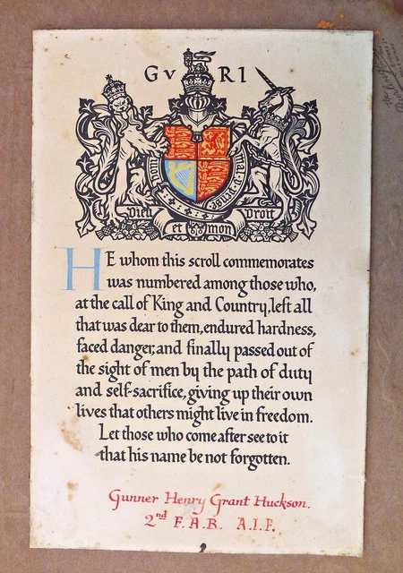 WW1 AUSTRALIAN MEMORIAL Scroll To: Gunner Henry Grant Huckson 2Nd F.a.b ...