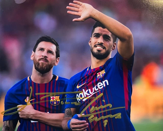 HAND SIGNED PHOTO of LIONEL MESSI, LUIS SUAREZ, BARCELONA FC, FOOTBALL ...