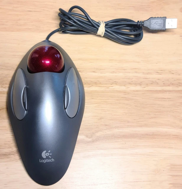 LOGITECH TRACKMAN TRACKBALL PC Mouse Gray with RED Ball Wired T-BC21 ...
