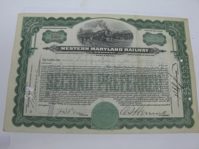 WESTERN MARYLAND RAILWAY stock certificate steam locomotive vignette ...