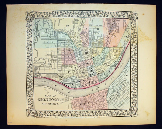 ANTIQUE 1870 COLOR Map Plan of Cincinnati and Vicinity Mitchell £30.35 ...