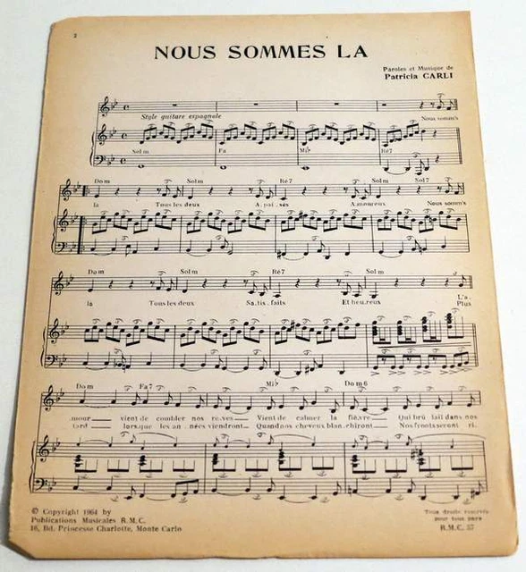 PARTITION VINTAGE SHEET music PATRICIA CARLI : Nous Sommes Là * 60's ...