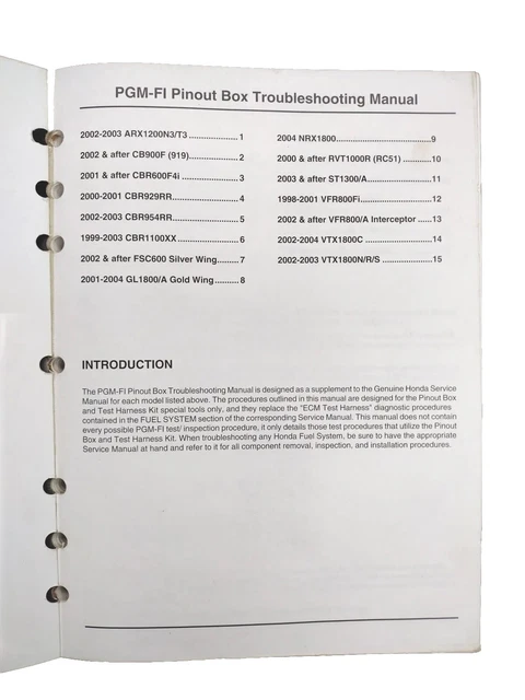 HONDA PGM-FI PINOUT BOX Trouble Shooting Manual CBR VTX Interceptor 61POB00-AH £29.91 - PicClick UK