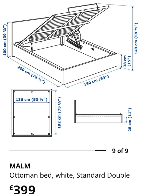 IKEA WHITE MALM Standard Double Ottoman Bed Frame £208.70 - PicClick UK
