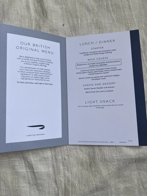 BRITISH AIRWAYS MENU premium economy / World Traveller Class January ...