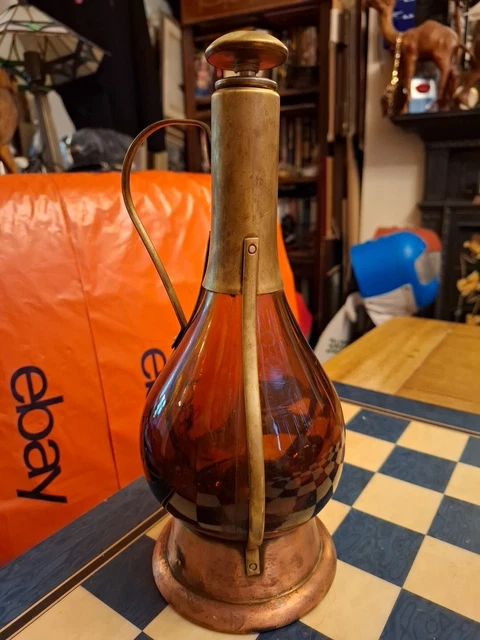 VINTAGE MUSICAL OLIVE Oil Decanter Amber Glass Brass Copper 28cm £24.99 ...